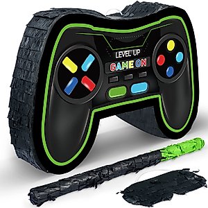 Video Game Controller Pinata Bundle Fiesta Gaming Controller Pinata Set with Blindfold and Bat Kids Birthday Gamer Party Supplies Game Toy for Kids Gaming Theme Party Carnival Events Decor (Green)