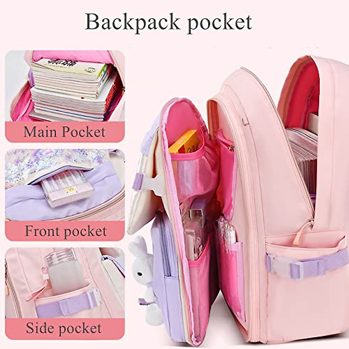 EKUIZAI Colorful Cute Backpack for Girls Elementary Schoolbag Sweet and Kawaii Kid's Backpack with Rabbit dolls