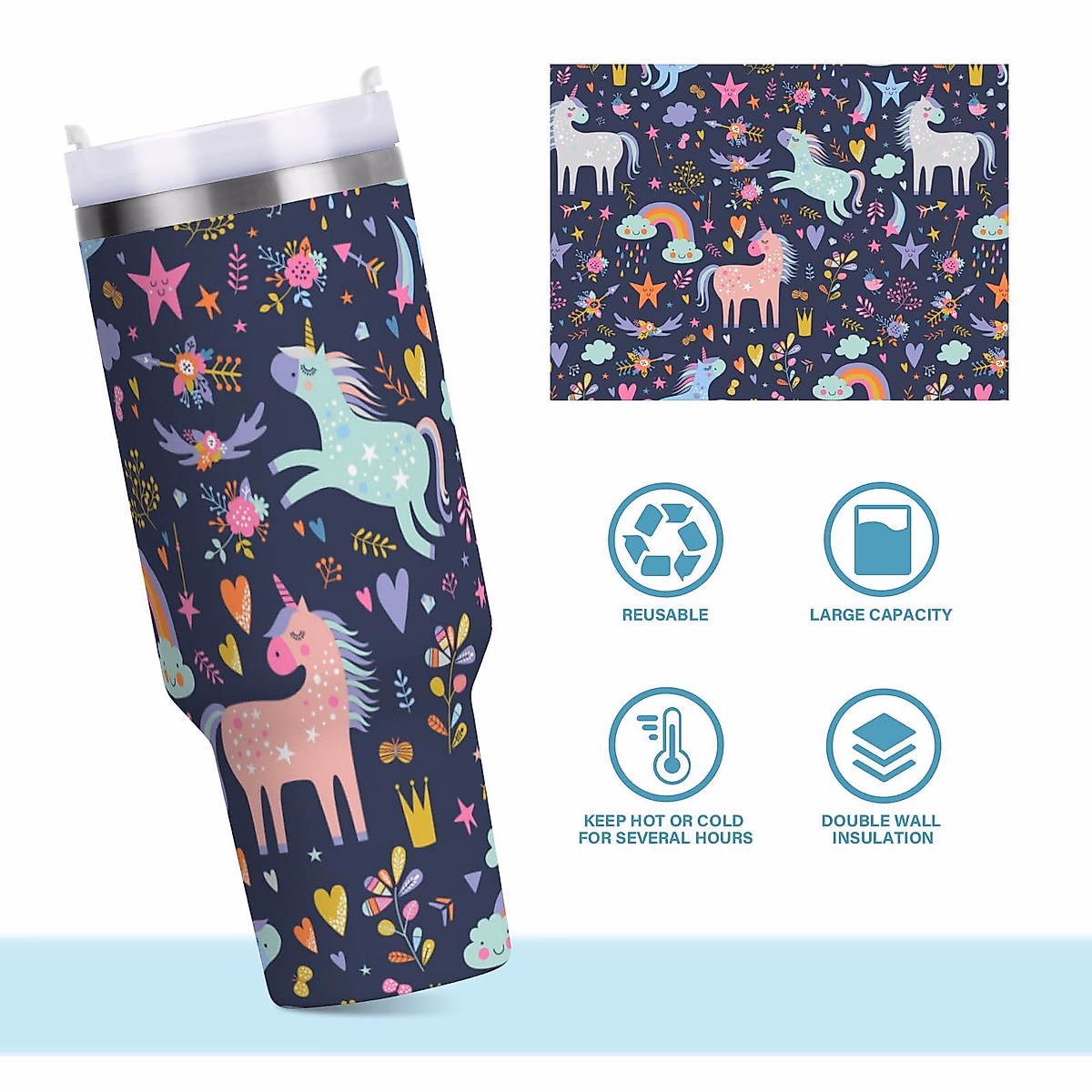 MCHIVER Unicorns 40 oz Tumbler with Handle and Straw Stainless Steel Vacuum Water Bottle Leak-proof Travel Coffee Mug Insulated Water Bottle for Office Car Home