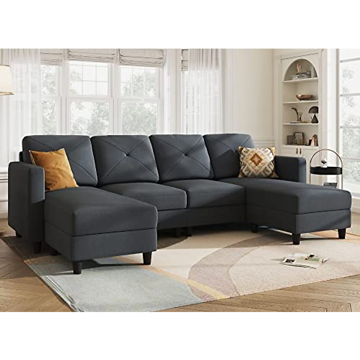 HONBAY Convertible Sectional Sofa U Shaped Couch 4 Seat Sofa with Double Chaises for Living Room, Bluish Grey