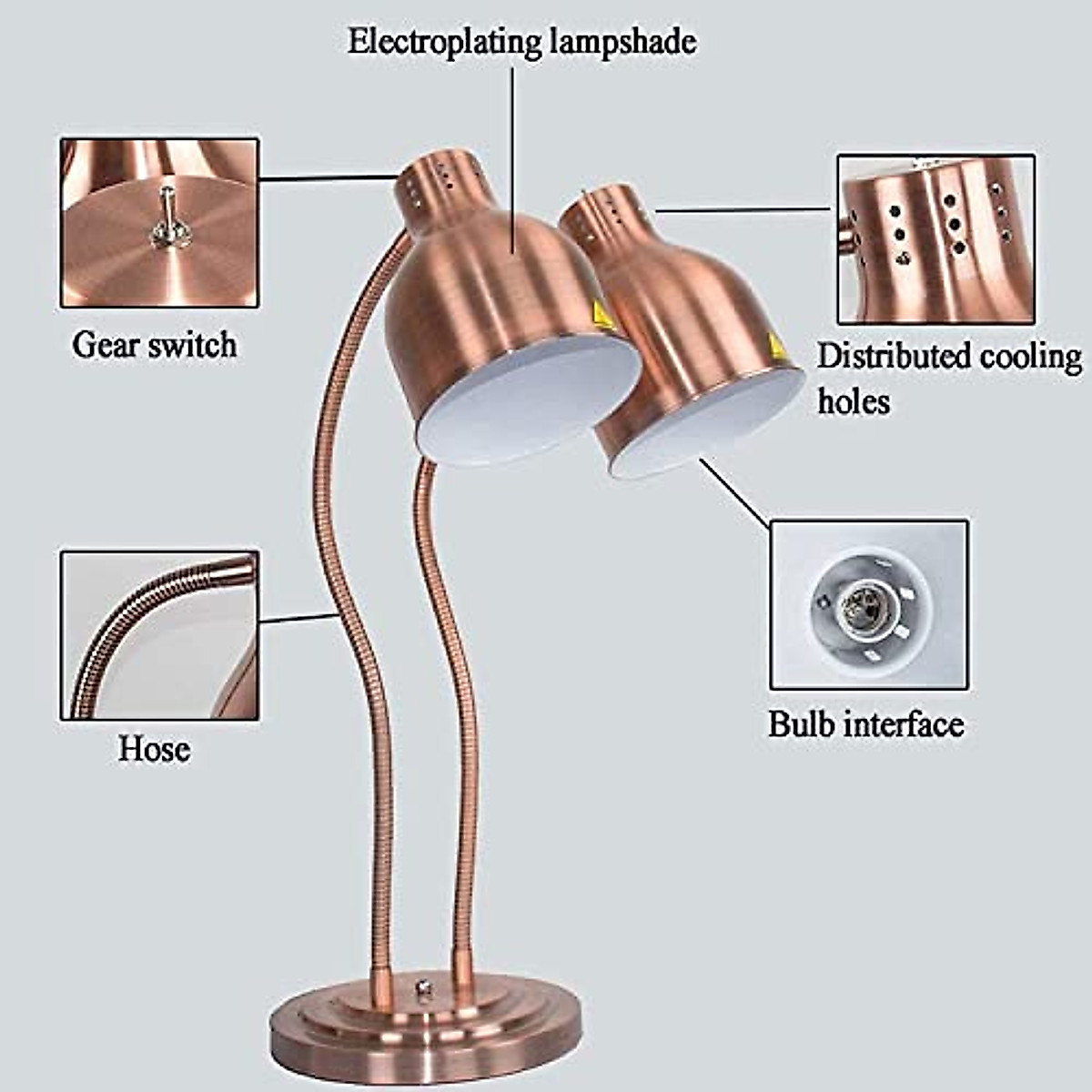 Dual 250W Bulb Commercial Food Heat Lamp, Buffet Server Plate Warmer Lamp Head Catering Portable Food Warmer Light Unit Double Head Multi-Directional Adjustment,Copper