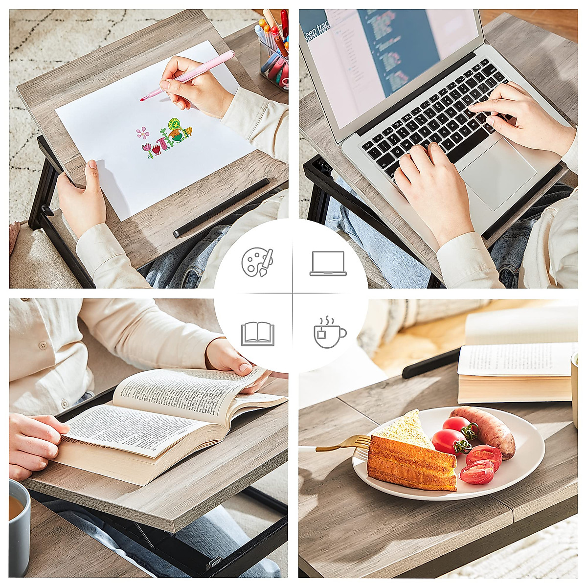 SONGMICS Laptop Desk for Bed or Sofa with Adjustable Tilting Top, Breakfast Serving Tray with Height Adjustable Folding Legs, Fits Screen Size up to 15.6 Inches, Floor Desk, Greige ULLD105W01