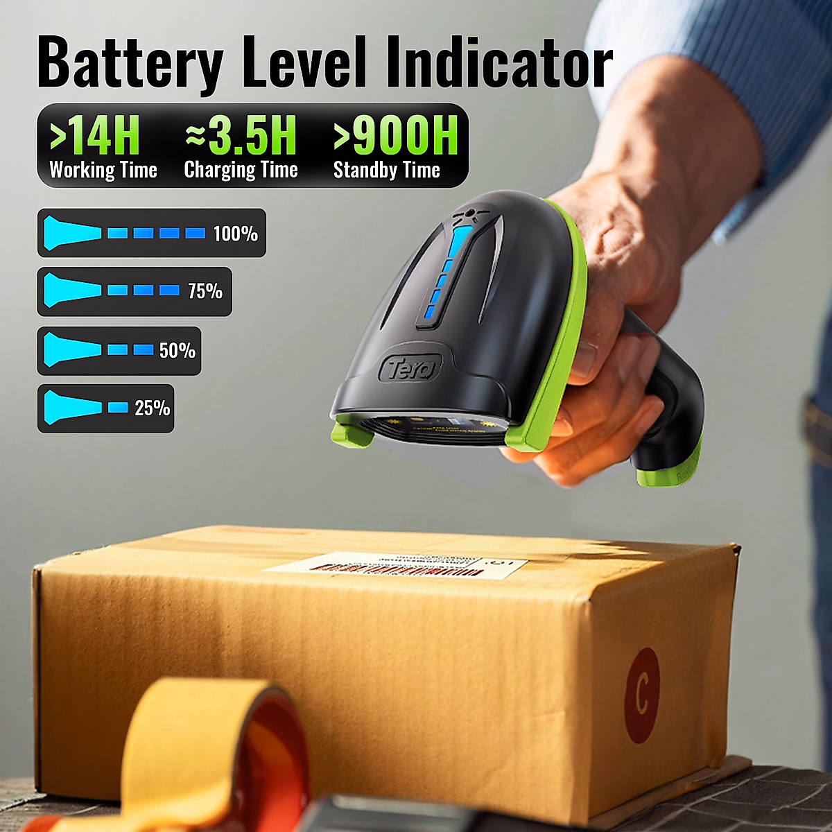 Tera Barcode Scanner Wireless Versatile 2-in-1 (2.4Ghz Wireless+USB 2.0 Wired) with Battery Level Indicator 328 Feet Transmission Distance Rechargeable 1D Laser Bar Code Reader USB Handheld (Green)