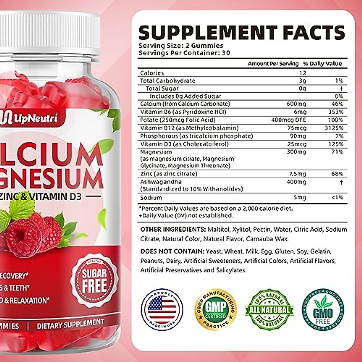 Calcium Magnesium Zinc with Vitamin D3 Gummies, Sugar Free Calcium Supplements for Women Men, High Absorption Zinc Gummies for Bone & Muscle & Immune Health, Vegan Raspberry Flavor - 120 Count