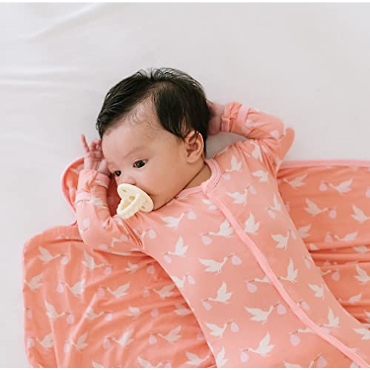 KicKee Welcome Home Footie with Zipper, Boy or Girl One-Piece, Super Soft Baby Clothes (Spring Sky Stork - 0-3 Months)