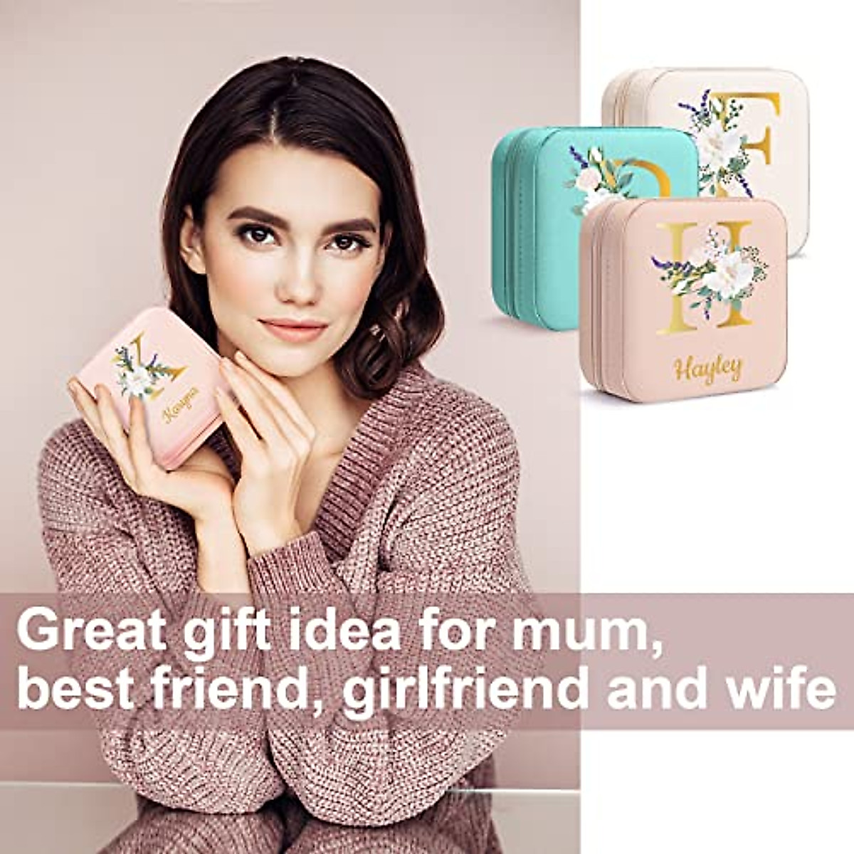 Personalized Name Jewelry Boxes for Girls & Women, Custom Travel Jewelry Case with Lid, Portable Small Jewelry Organizer Box Bridesmaid Proposal Gifts (White)