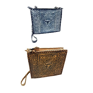 Urbalabs Western Crossbody Purse Large Handbag Genuine Leather Longhorn Cow Skull Tooled Tote Bag Hand Stitched (Blue)