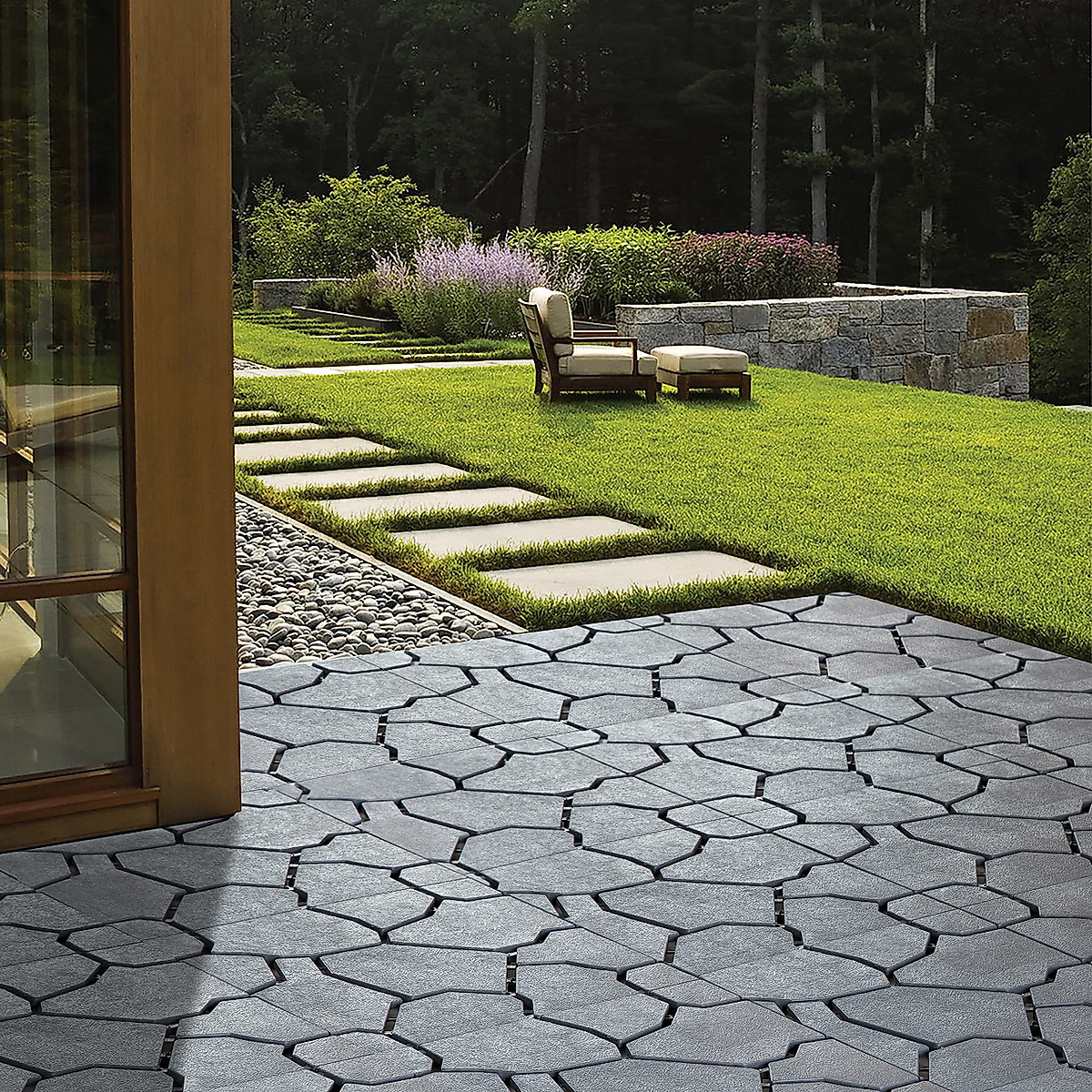 Gray Garden Path Track Interlocking Stone Look Design Pathway Tile Floor Paver, Pack of 4