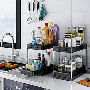 2-Tier Undersink Organizer, Cabinet Storage for Kitchen and Bathroom, Sliding Drawer Storage Organizer, With Adjustable Hooks, Dividers, External Handles, Multi-Purpose Undersink Storage Shelf-2 Pack