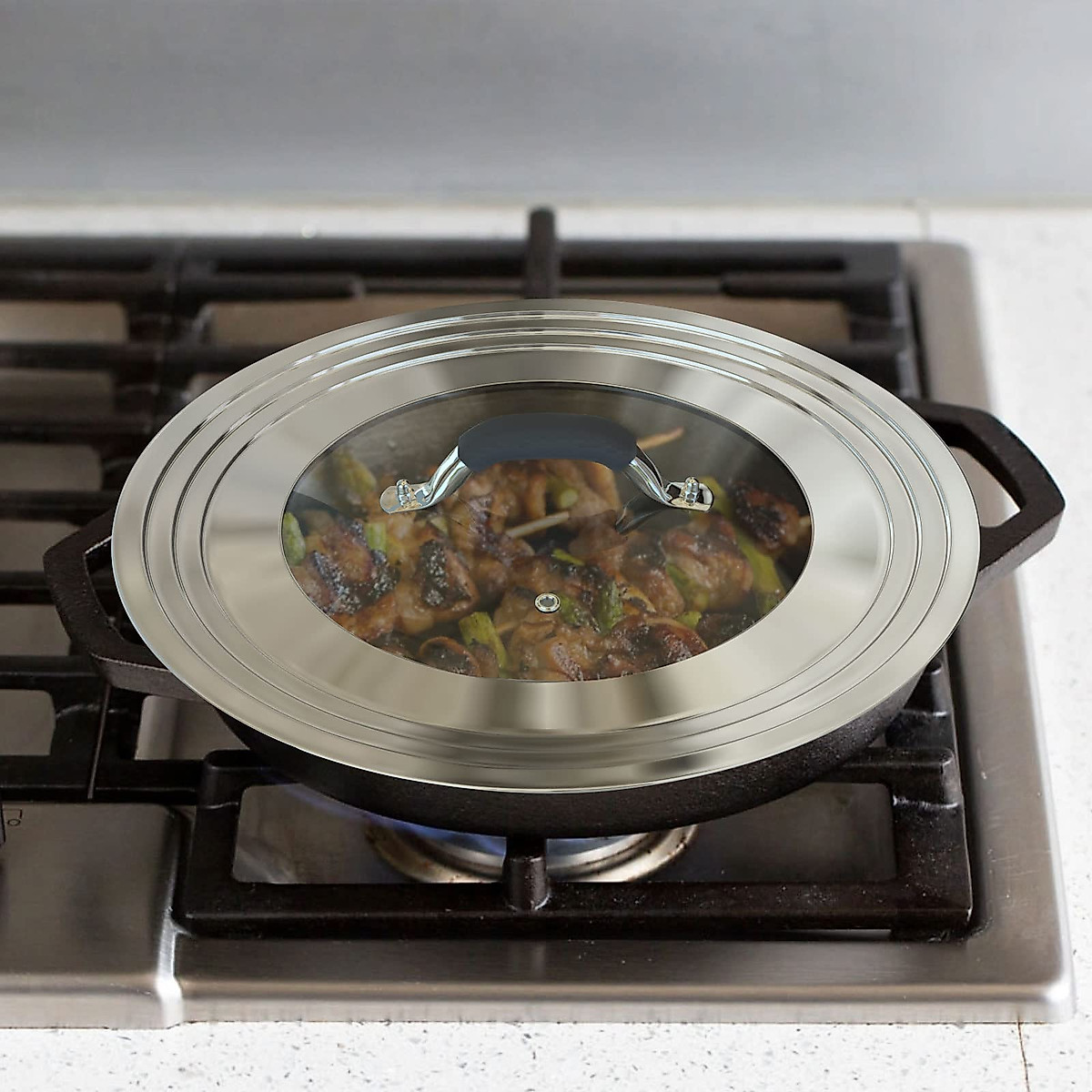 WishDirect 15 Inch Large Universal Pans Pots Lid Cover Fits 11/12/13/14/15" Frying Pans/Pots/Woks, Stainless Steel and Tempered Glass Lid with Vent Hole and Heat Resistant Handle