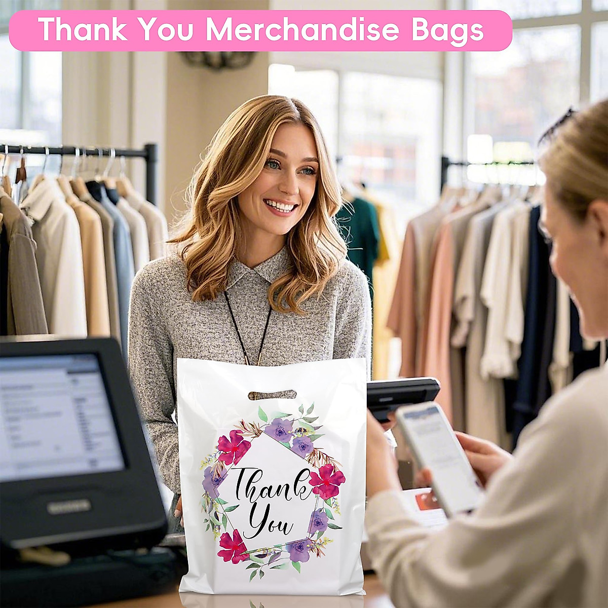 POPGIFTU Floral Thank You Plastic Bags 50 Pack 12" x 15" Thank You Bags for Small Business, Thank You Shopping Bags with Handles, for Boutique, Retail, Gift Bags, Clothes, Party Favors