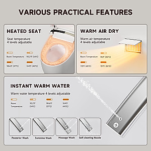 Smart Bidet Toilet with Macerator Pump,Upflush Macerating Toilet System, One Piece Tankless Toilet with Heated Dryer Warm Water, Remote Control, 4 Inlets for Toilet, Laundry, Sink, Shower