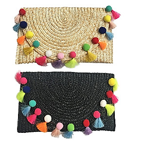 Straw Pom Pom and Tassel Clutch - Fashion Bag for Summer Large