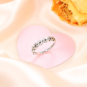 DAOCHONG 925 Sterling Silver Ring Daisy Flower Hawaiian I Love You Forever Tarnish Resistant Comfort Fit Wedding Band Ring 7