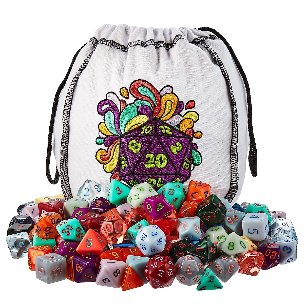 Wiz Dice Bag of Splendor - 140 Polyhedral Dice in 20 Sets - Complete Collection of Series IV Dice in Embroidered Dice Bag - TTRPG Role-Playing Bulk Tabletop RPG Gaming Accessories - D20 D6 D4