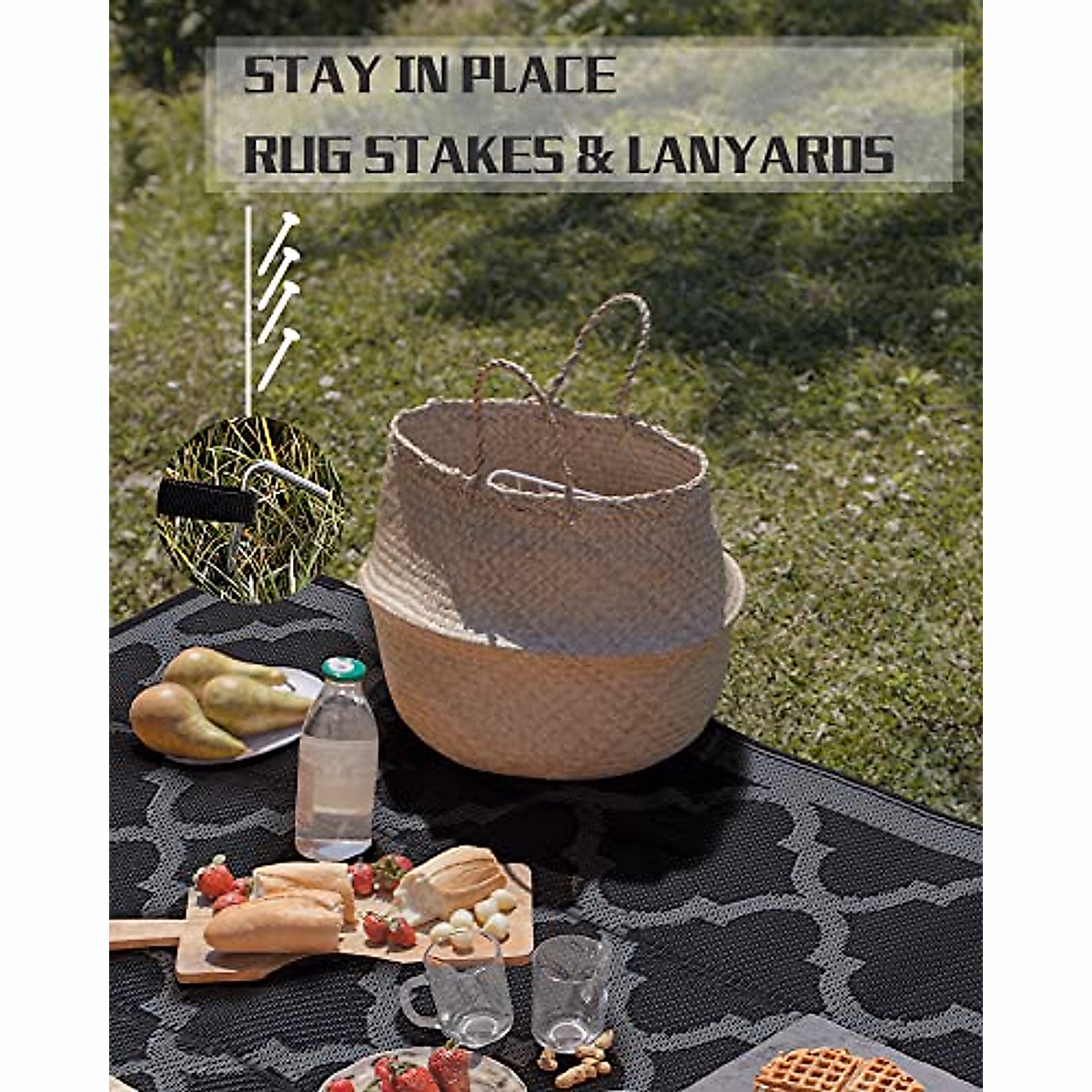 RVOLST Outdoor Rug Carpet Waterproof 6x9 ft-Patio Rug Reversible Portable RV Camping Rug Mat-Plastic Straw Outdoor Rug for Patio Decor Outside Rug for Picnic Balcony-Black and Gray