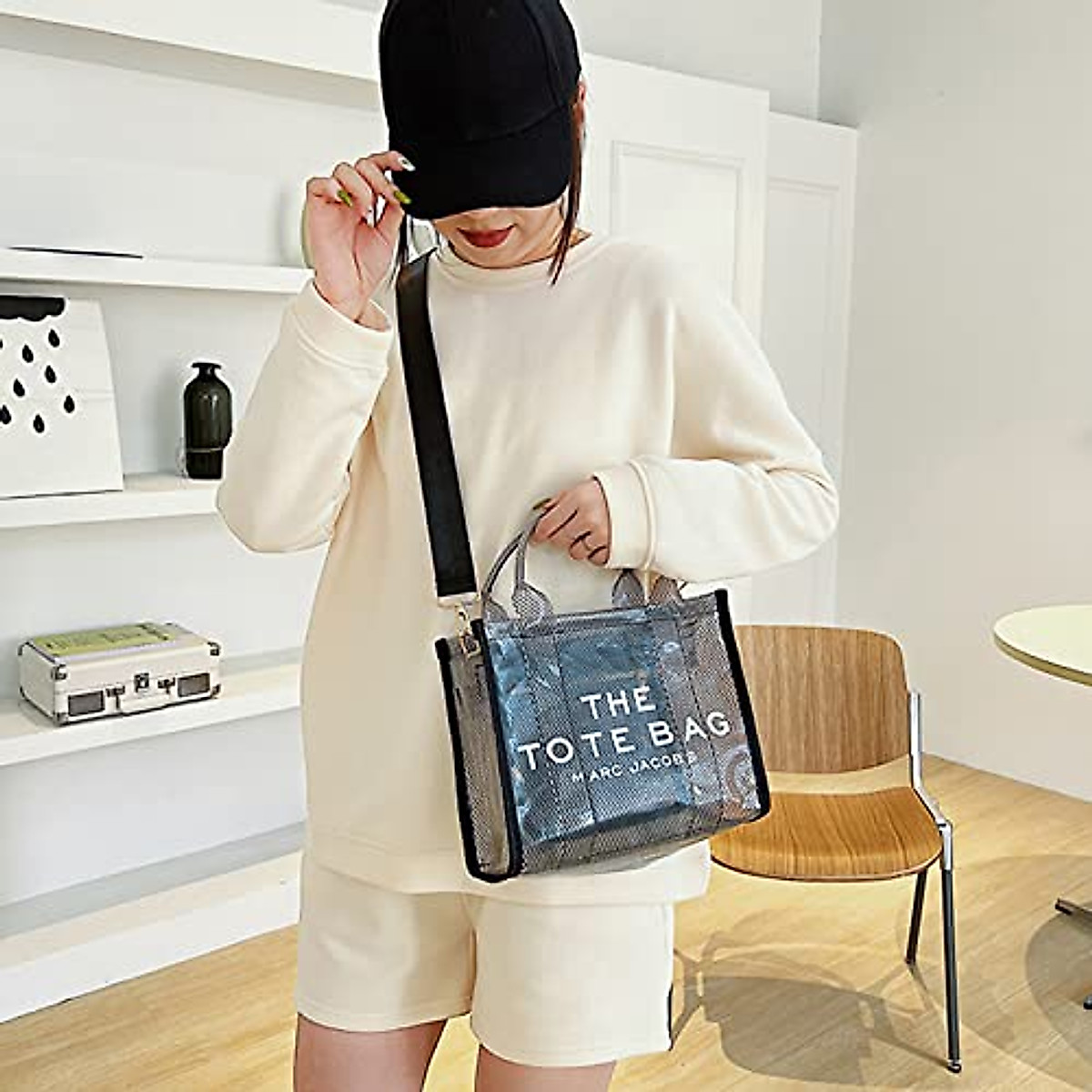 Ervkgm The Tote Bag for Women, PVC Tote Bag with Zipper Crossbody Bag for Office, Travel, School,Beach (Black,One Size)