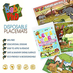 Baby PhD Disposable Placemats for Baby, Kids, & Toddlers - Animal Design - Table Mat or Topper for Restaurants, Stick-On Placemat for Travel, Sticky Strips Stay in Place - 3 Designs, Pack of 60
