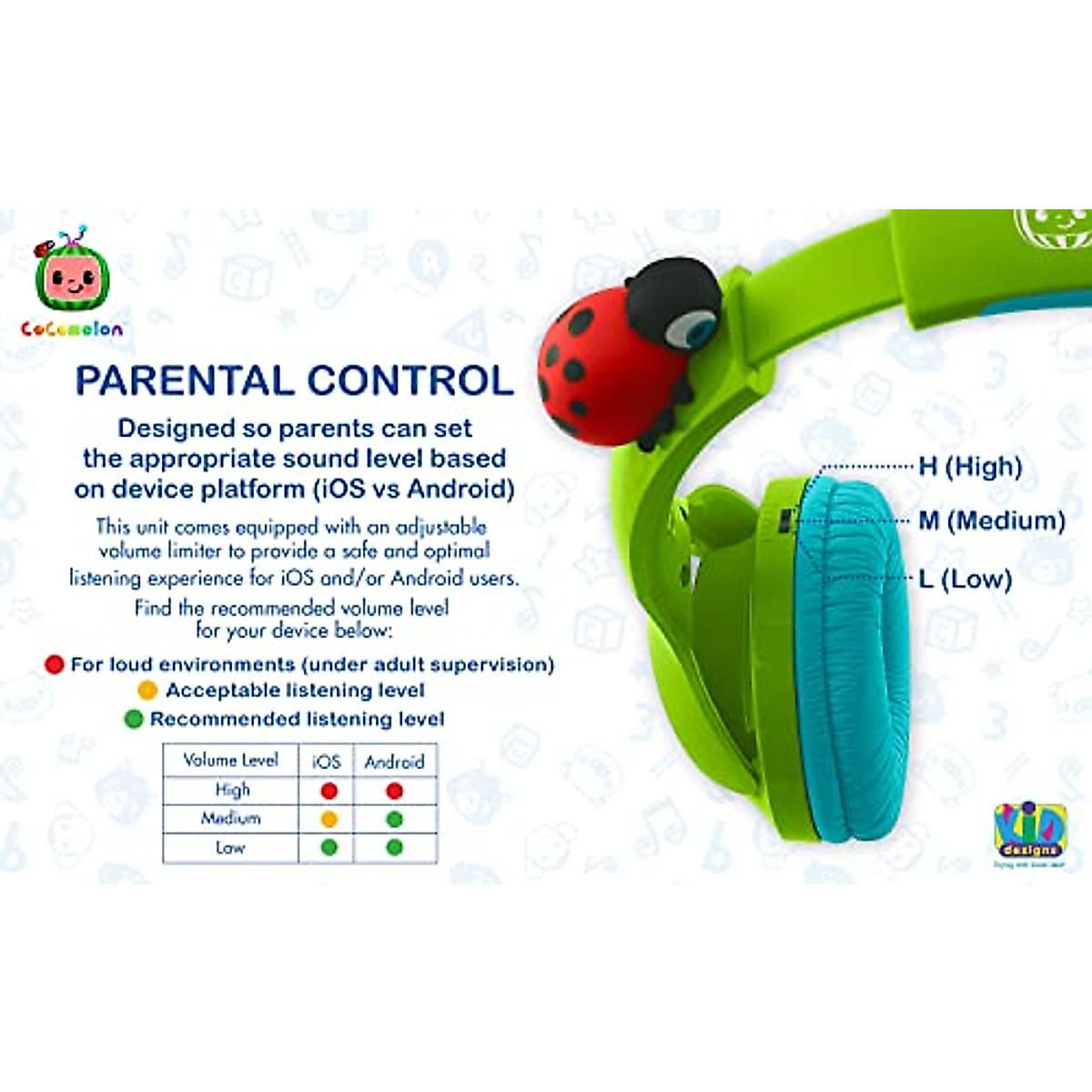 eKids Cocomelon Toddler Headphones with Built-in Kids Music, Bluetooth Headphones with Rechargeable Battery and USB-C Charging Cable Included