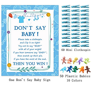 Don't Say Baby Shower Clothespin Game, 60 Mini Plastic Clothespins One 8.5 x 11 Sign 50 Mini Plastic Baby (Blue)