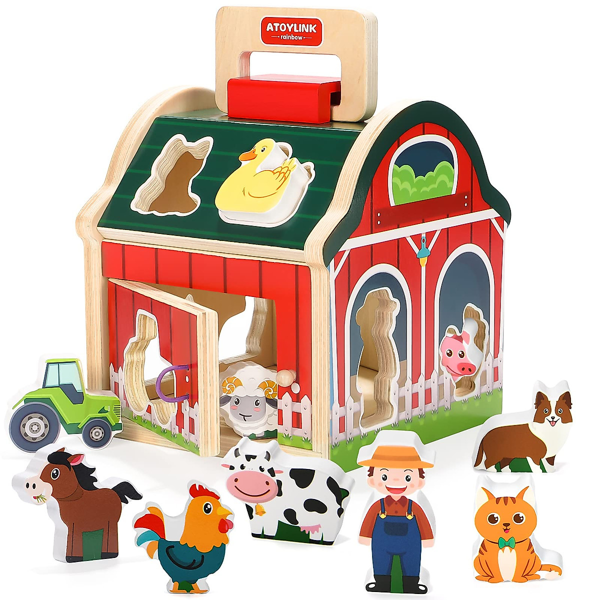 Atoylink Wooden Farm Toys for Toddlers 1 2 3 Year Old Take Along Matching Sorting Barn Farm Animals Playset Preschool Learning Educational Toy for Kids Boys Girls