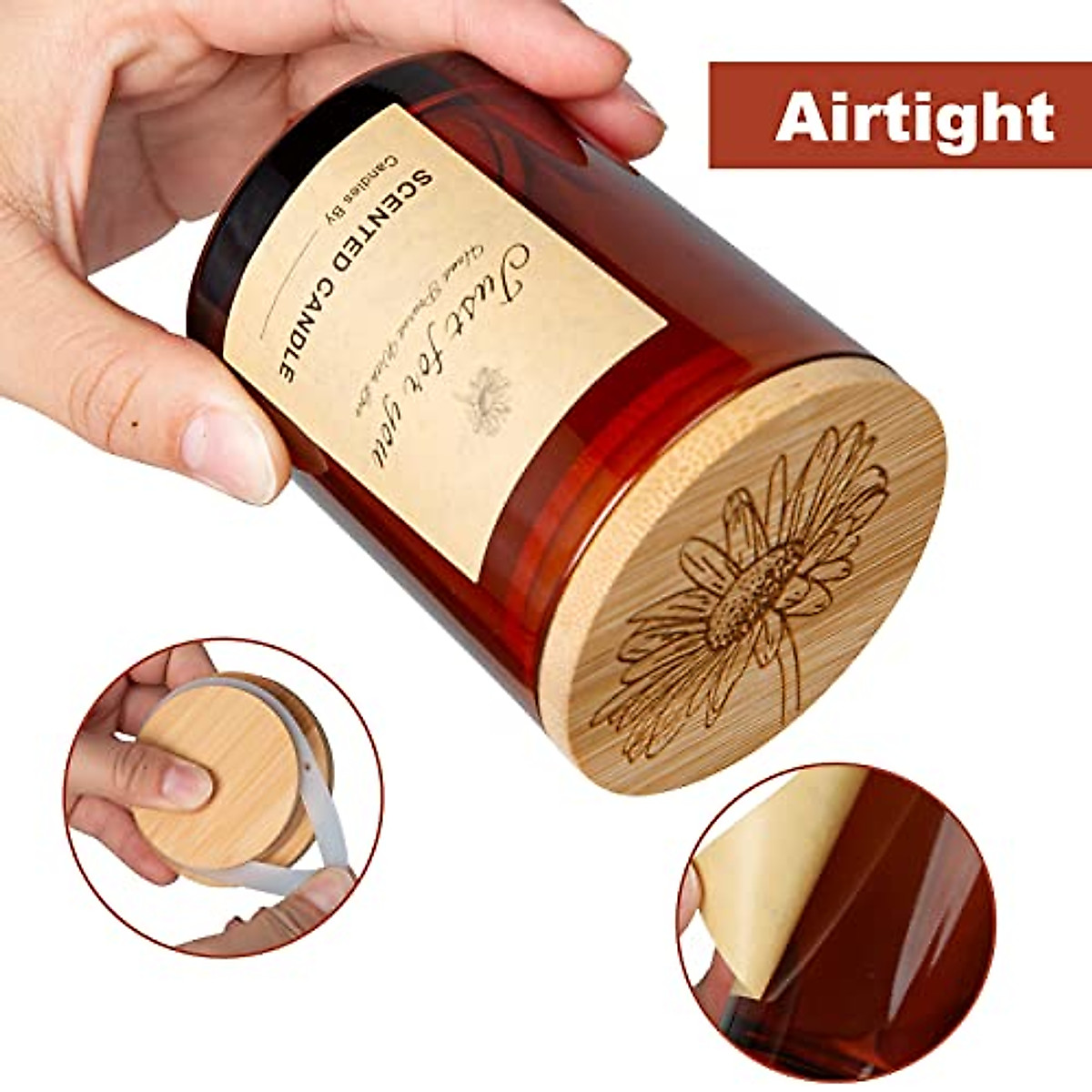 CONNOO 15 Pack 7 oz Amber Glass Candle Jars with Bamboo Lids for Making Candles, Empty Candle Container Tins with Carving Lids and Labels, Bulk Candle Tins