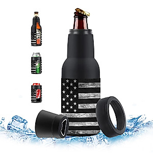 Stepstall Can Cooler Beer Bottle Holder with Beer Opener, 4-in-1 Design Slim Can Beer Bottle Insulators, Double Walled Stainless Steel Insulated, 12 OZ Beer Gifts for Men Father(Black American Flag)