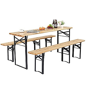 VINGLI Folding Picnic Tables with Benches Set, Weather-Resistant Wooden Beer Garden Table Bench, 3-Piece Portable Fold Up Camping BBQ Table w/Carrying Handles
