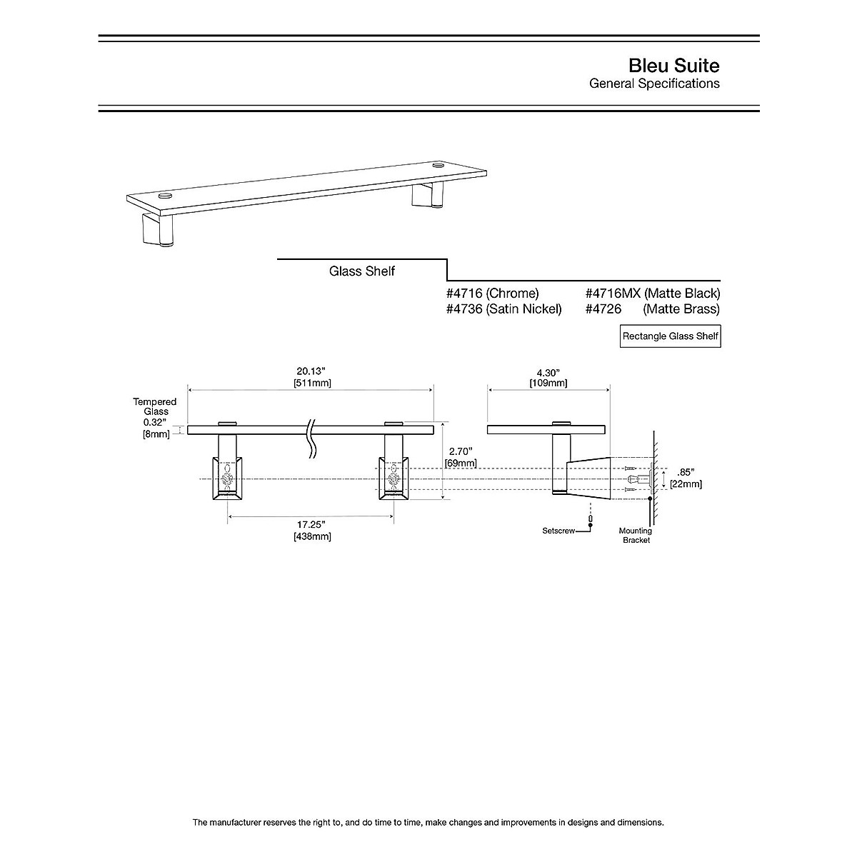 Gatco 4716 Bleu Glass Shelf, Chrome