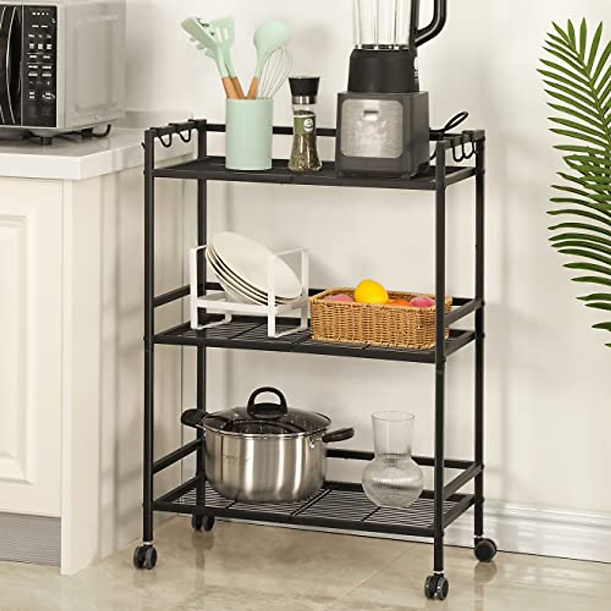 Hzuaneri 3-Tier Storage Racks - with 4 Wheels, Metal Industrial Standing Shelf Units with 6 Hooks, for Kitchen, Living Room, Bathroom, Entryway, Easy Assembly, Black SS02801B