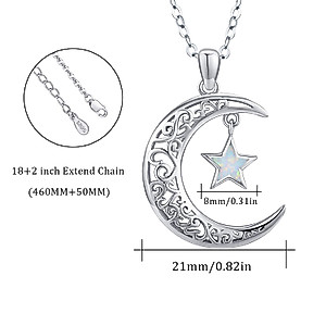 TRISHULA Moon Necklace for Women, 925 Sterling Silver Crescent Star Pendant with Opal Star Sparkling Crescent Moon Jewelry Gift for Women Teens Birthday Christmas Graduation