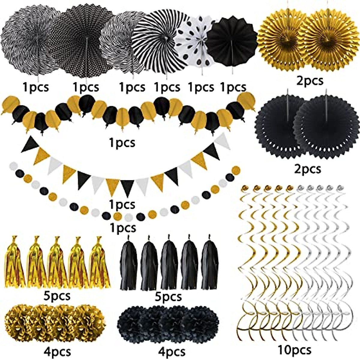ZERODECO Party Decorations, 41 Pcs Black and Gold Papar Fans Pompoms Garlands String Tissue Paper Tassel for Graduation Congrats Grad New Years Wedding Birthday Party
