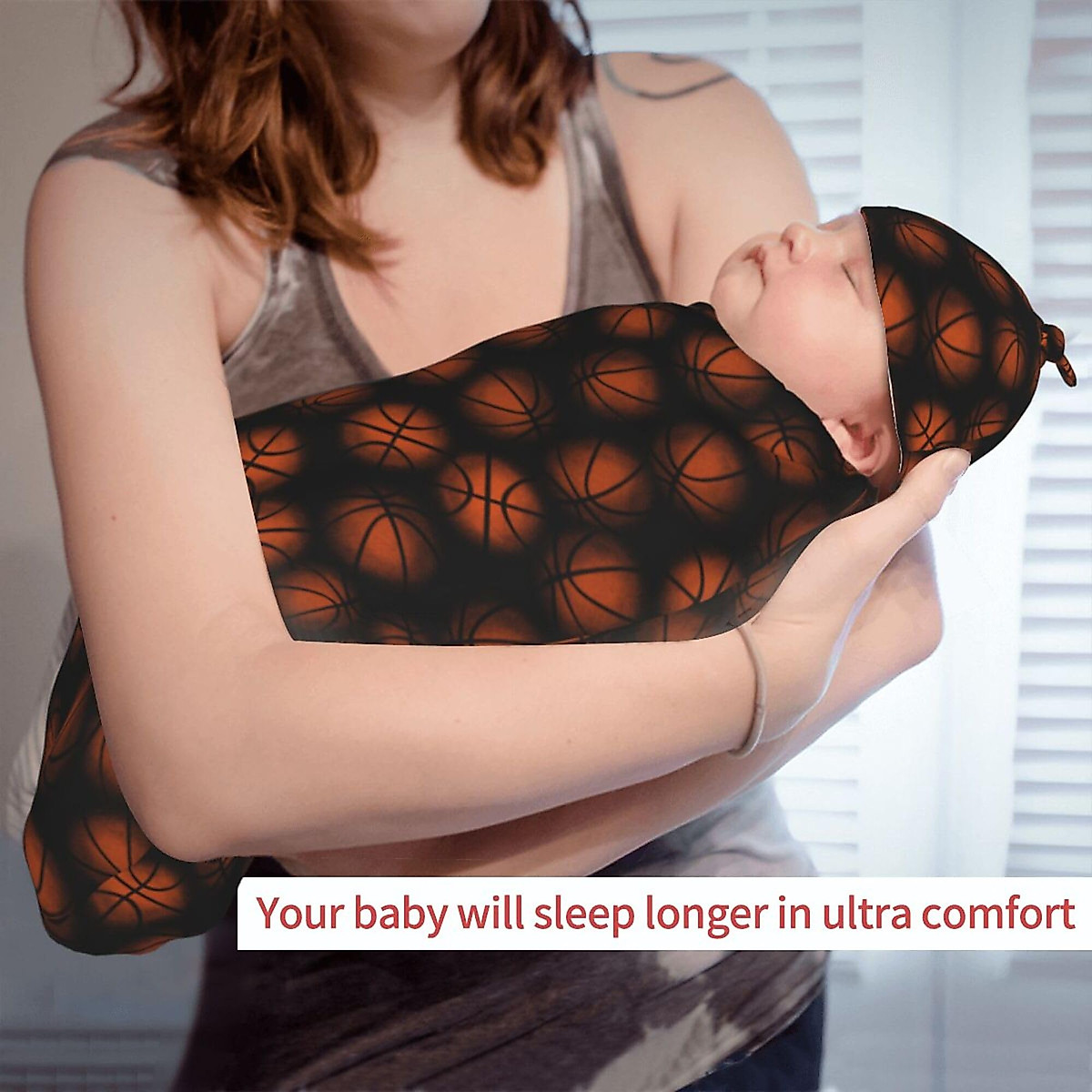 Inrubie Basketball Swaddling Blanket with Hat Sets Soft Baby Swaddling Receiving Blanket for Boy and Girl 0-6 Months