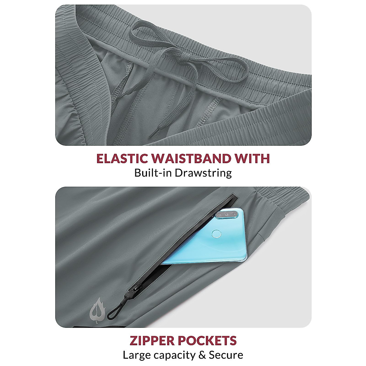 BALEAF Men's Joggers Athletic Pants Lightweight Running Hiking Pants Workout Training Gym Quick Dry Zipper Pockets Light Gray M