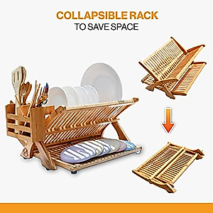 Earth's Dreams Bamboo Dish Drying Rack with Utensils Holder - 3 Tier Collapsible Wooden Dish Drainer with Microfiber Mat - Dish Organizer for Kitchen Counter - Rust Free Plate Rack