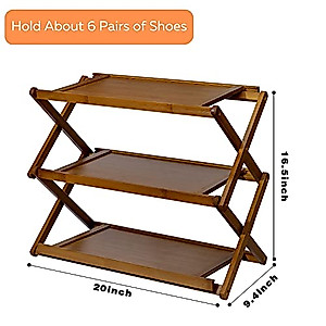 Small 3-Tier Shoe Rack for Closet & Entryway, Installation-free Foldable Bamboo Shoes Storage Organizer, Sturdy Free Standing Three Shelf Shoe Stand for 6-9 Pairs, Brown 20x17x9 Inches