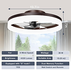 VOLISUN Low Profile Ceiling Fans with Lights and Remote, 19.7in Fandelier Ceiling Fan Flush Mount, 3000K-6500K Smart Bladeless LED Fan Light, Brown Modern Ceiling Fans with Lights for Bedroom