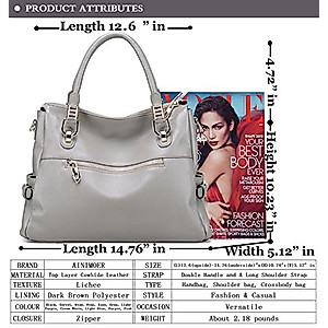 AINIMOER Womens Genuine Leather Vintage Tote Shoulder Bag Top-handle Crossbody Handbags Large Capacity Ladies' Purse (Gray)
