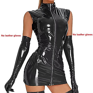 Women Sexy Tank Leather Dress, Gloves Not Included, Wetlook, Plus Size, Shiny Latex Hip Skirt, Black