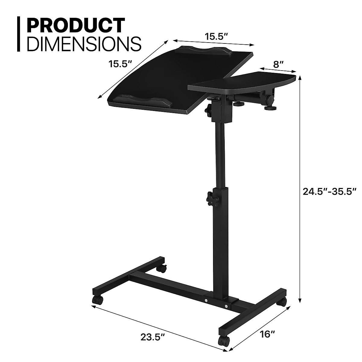 MoNiBloom Mobile Standing Desk, Tilting, Portable Height Adjustable Sit Stand Work Table Overbed Laptop Table Computer Cart with Wheels for Bed Couch Office, Black