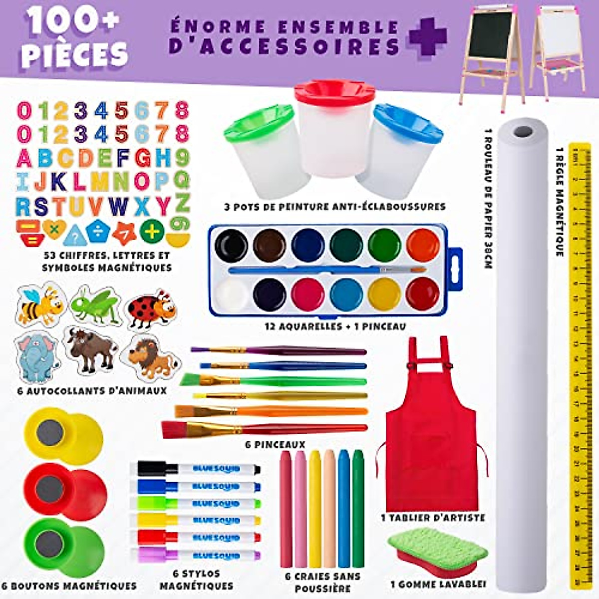 Blue Squid Art Easel for Kids - Dual-Sided Adjustable Wooden Painting Easels with Magnetic Chalk Board, Whiteboard, Paper Roll Including 100+ Accessories, Ideal for Toddlers & Children 3 to 12