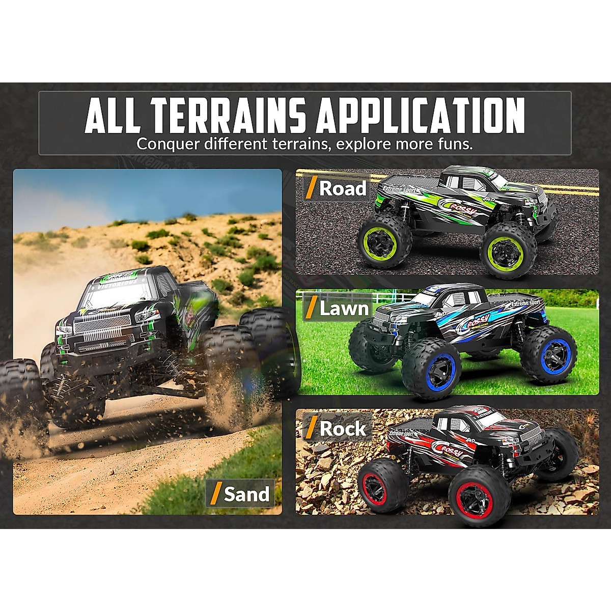 RACENT RC Car, 1:16 Scale All Terrain Monster Truck, 30MPH 4WD Off Road Fast Remote Control Toy 2.4Ghz High Speed Electric Vehicle with 2 Rechargeable Batteries, 40+ Min Play, Gift for Boys Adults