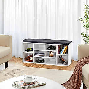 Yaheetech Shoe Bench, Shoe Storage Cabinet with Adjustable Shelves, Storage Bench with Padded Cushion, Shoe Shelf Organizer for Entryway, Living Room, Mudroom, Hallway, 10 Cubbies, White/Gray