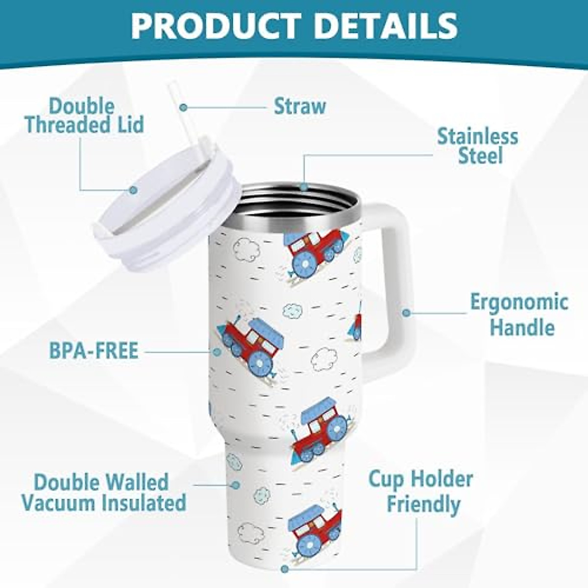 Caikeny Insulated Tumblers with Lid and Straw Cute Hand Drawn Seamless Pattern with Cartoon Trains 40 oz Reusable Stainless Steel Cup Water Bottle Coffee Travel Tumbler Mug for Women Men