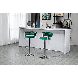 Kakotito 360° Velvet Swivel Bar Stools with Low Back & Footrest, Adjustable Counter Barstools, Silver Bar Stool (Set of 2 - Silver Version, Emerald)
