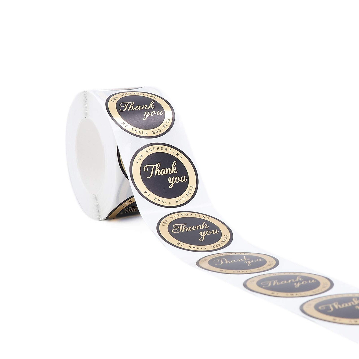 Mercei Thank You Stickers with Black Background and Wide Matte Gold-foil Ring; 4 Elegant Handwriting Font Designs; 500 pcs Classic Round Adhesive Labels per Roll; Wide for Personal and Business Use