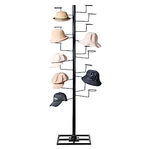 MyGift 6 Foot Modern Freestanding Black Metal Hat Organizer Rack, 360 Degree Rotating Wig or Cowboy Hat Display Stand with 20 Customizable Circular Hooks