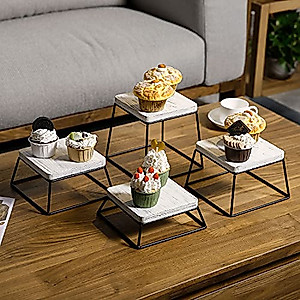 MyGift Cake Display Stand, Whitewashed Wood & Black Metal Square Cupcake Stands Dessert Risers/Retail Display Pedestals, Set of 4