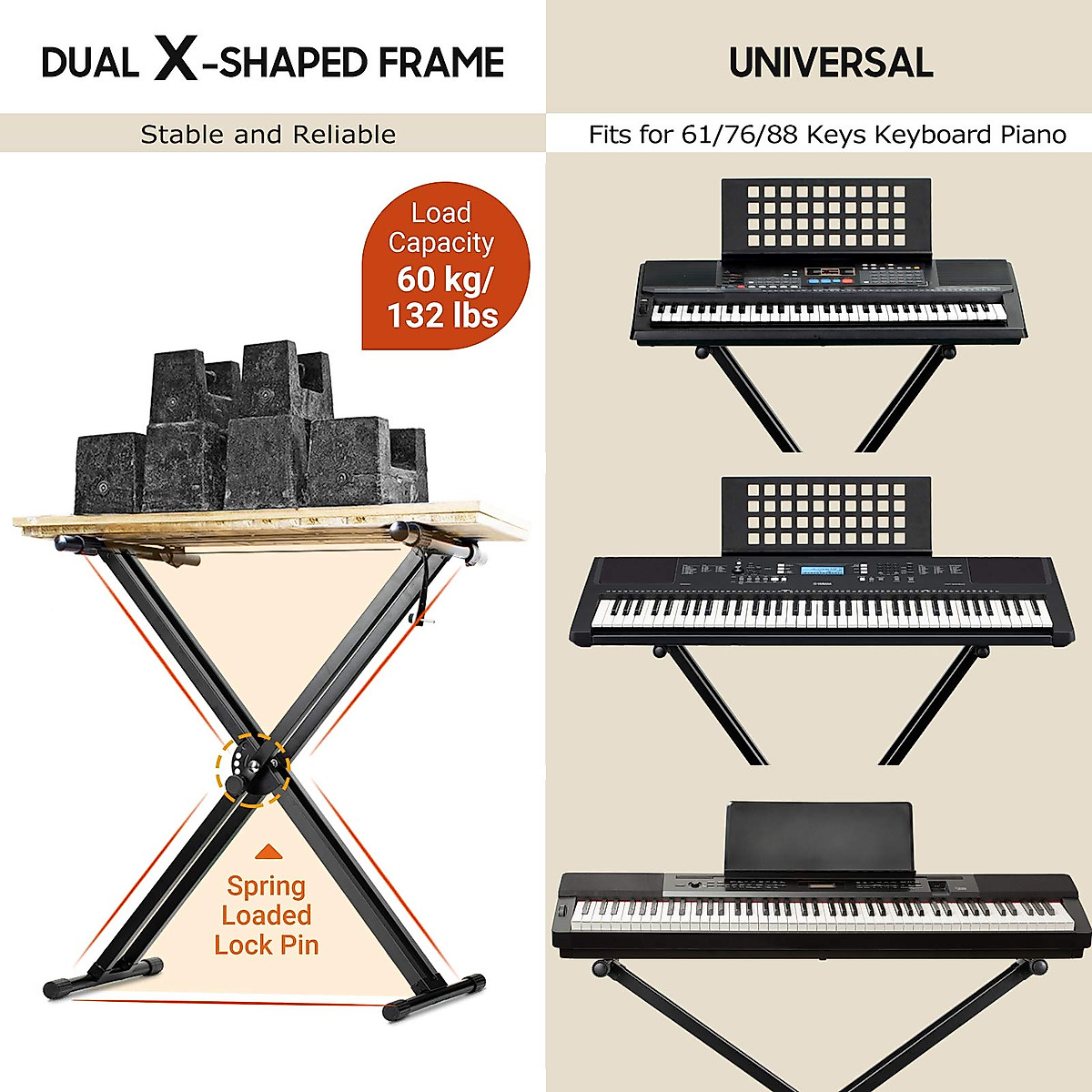 CAHAYA Adjustable Keyboard Stand Double Braced X Style Digital Piano Stand with Locking Straps for 61 76 88 Keys CY0245