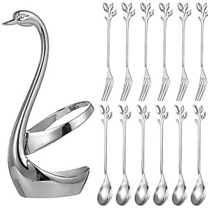 13 Pieces Spoon and Fork Set with Silver Swan Base, Stainless Steel 4.7-inch Coffee Spoons Forks with Silver Small Swan Base Holder Set, Dessert Tea Spoon Set